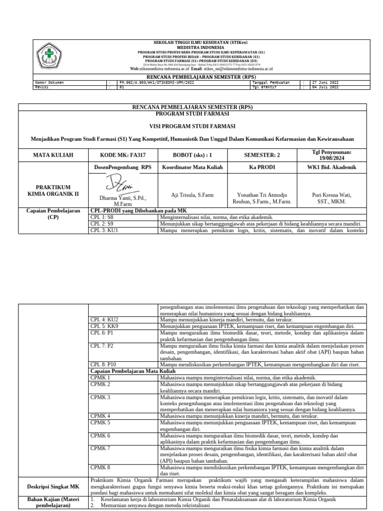 3 RPS - Praktikum Kimia Organik II (1) Sudah TTD | PDF