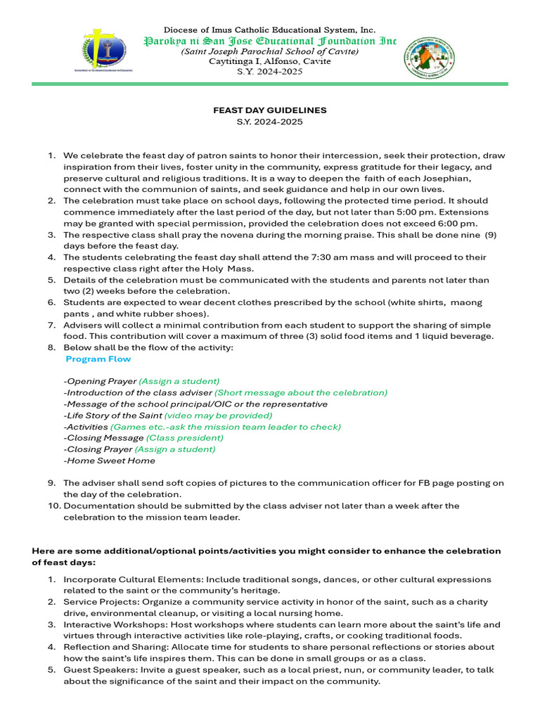 FEAST DAY GUIDELINES As of August 15 2024 | PDF