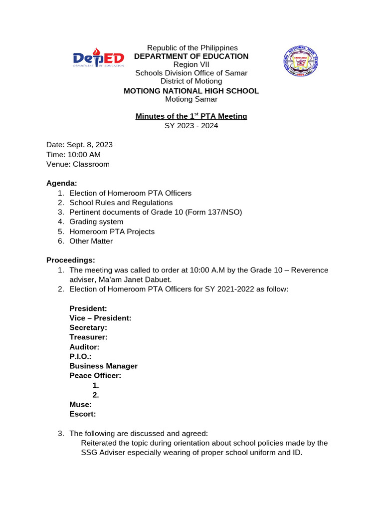 PTA Minutes | PDF