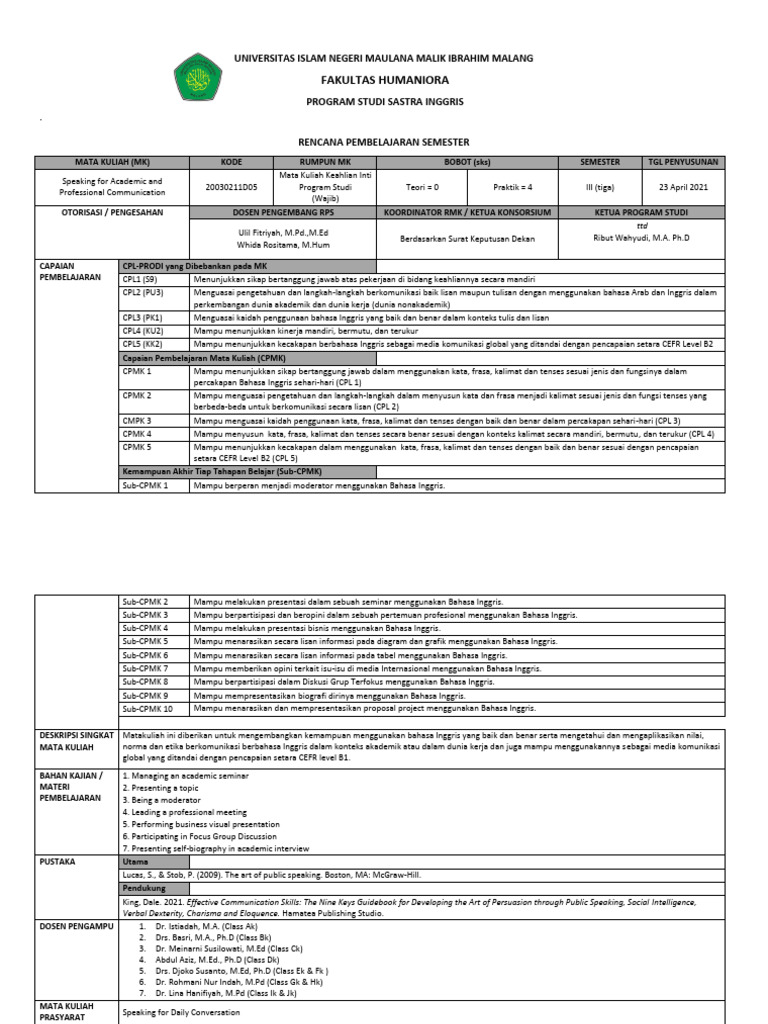 2024 RPS Kurikulum Merdeka Speaking For Academic and Professional ...