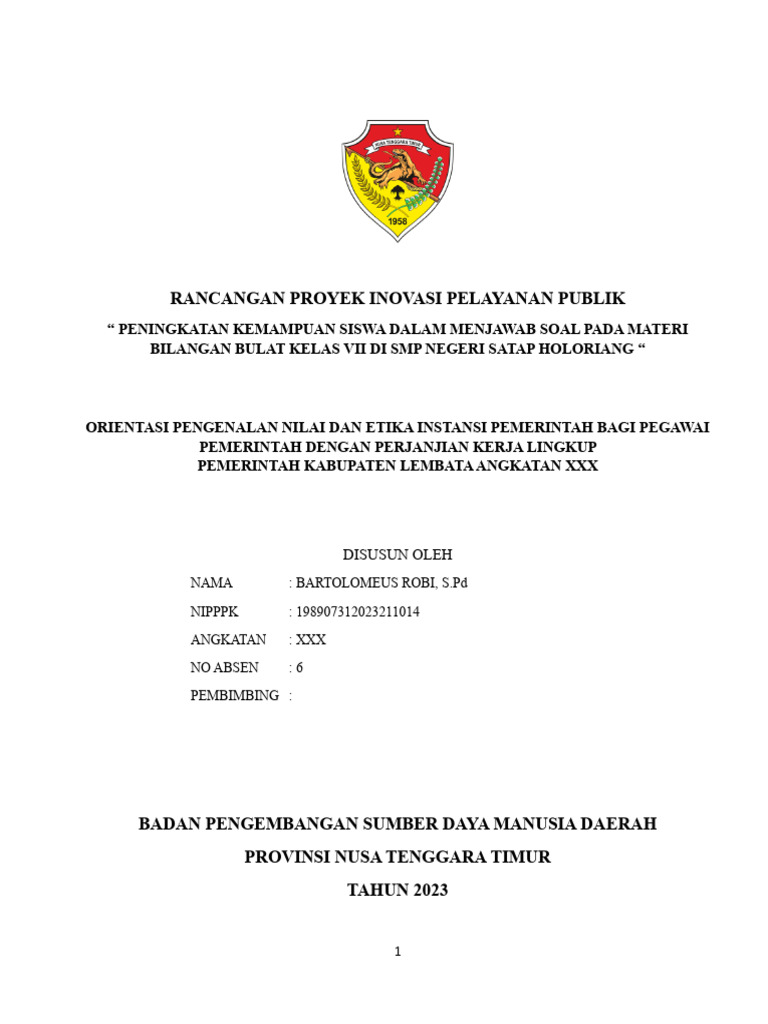 Proposal Final Inovasi Pelayan Publik - Bartolomeus Robi, S.PD | PDF