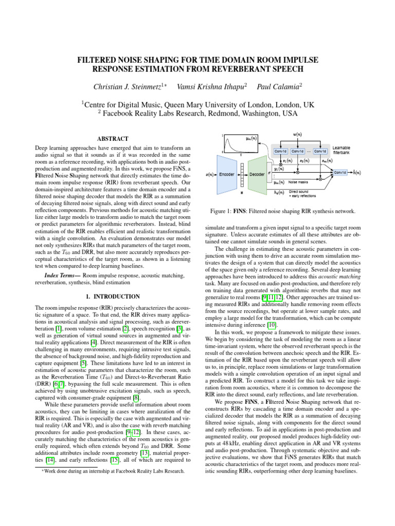 Filtered Noise Shaping For Time Domain Room Impulse Response Estimation From Reverberant Speech ...