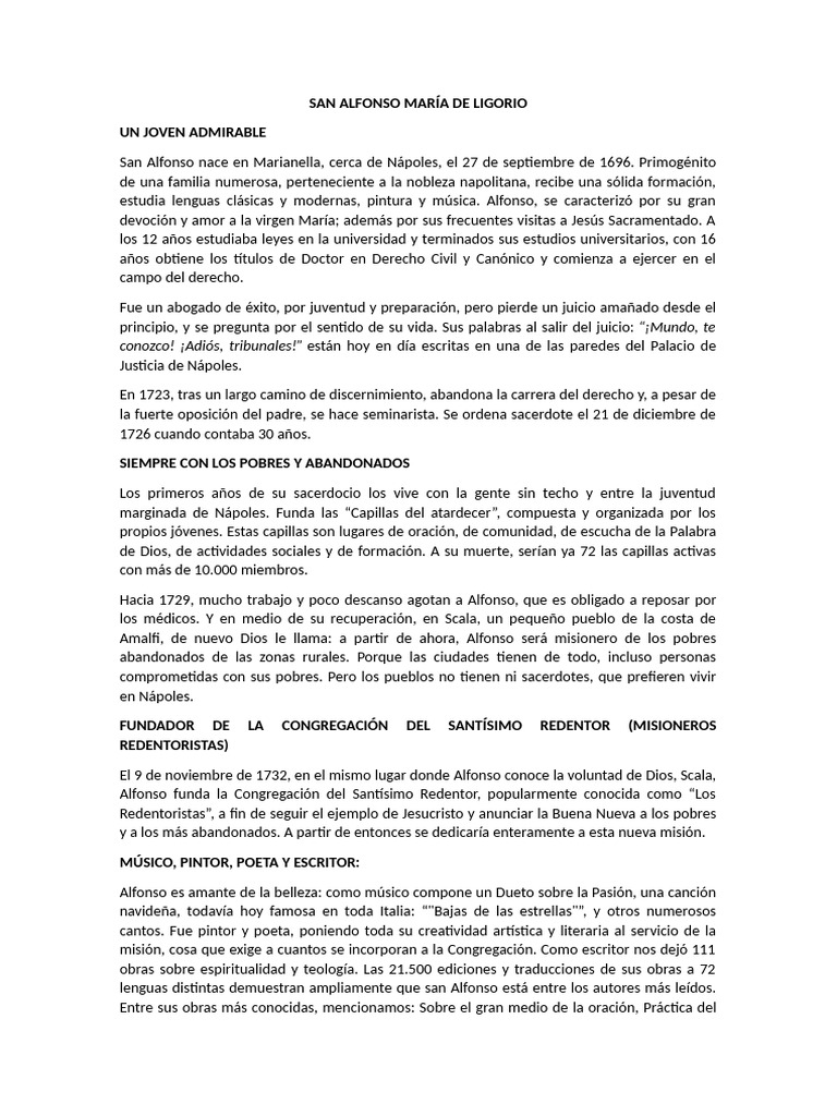 San Alfonso María de Ligorio: Biografía y Legado | PDF | Historia ...