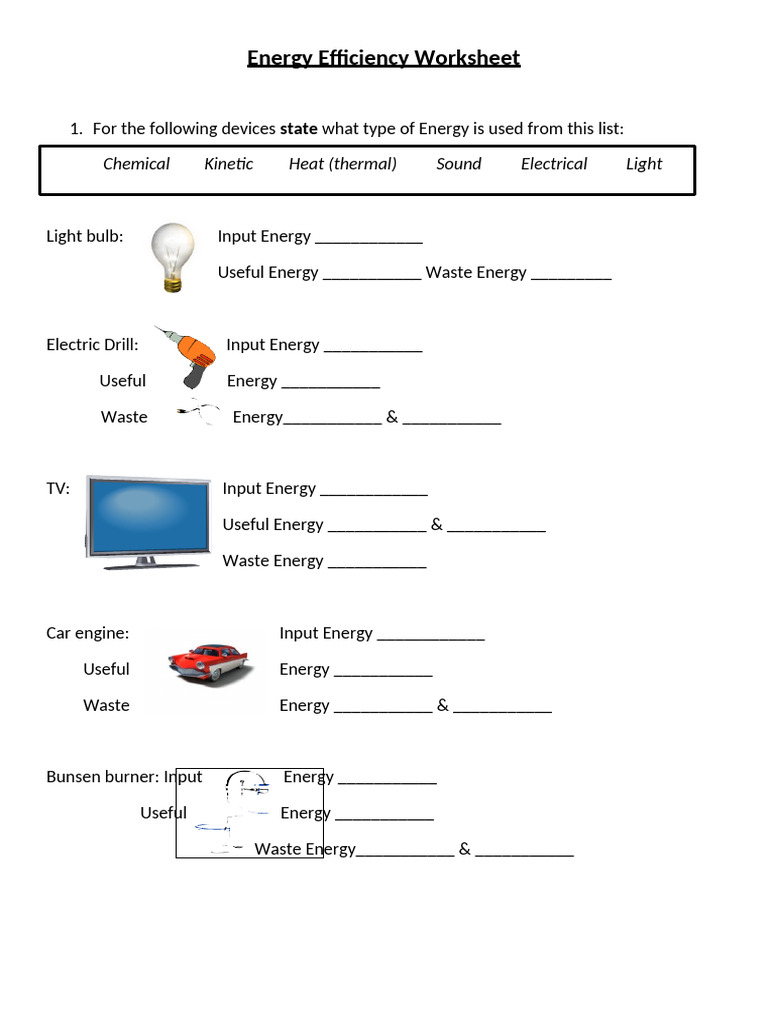 Energy and Efficiency Worksheet | PDF