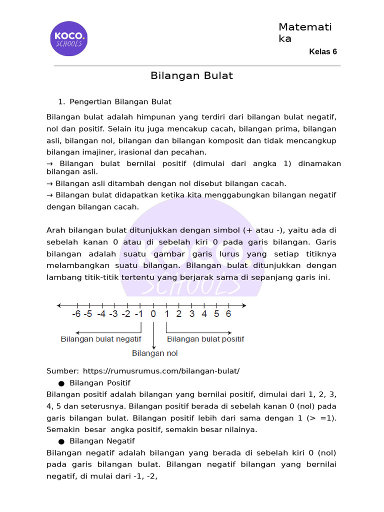 Revision Note - Matematika - Kelas 6 - Bilangan Bulat | PDF