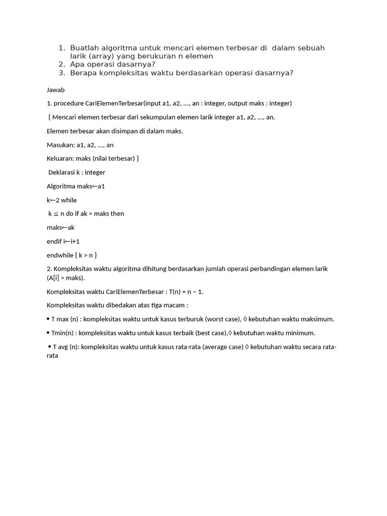 Buatlah algoritma untuk mencari elemen terbesar di | PDF