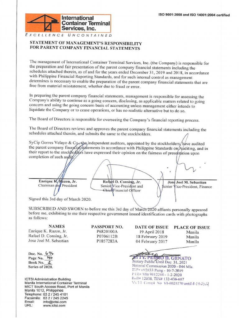 2019 ICTSI Parent Financial Statements | PDF