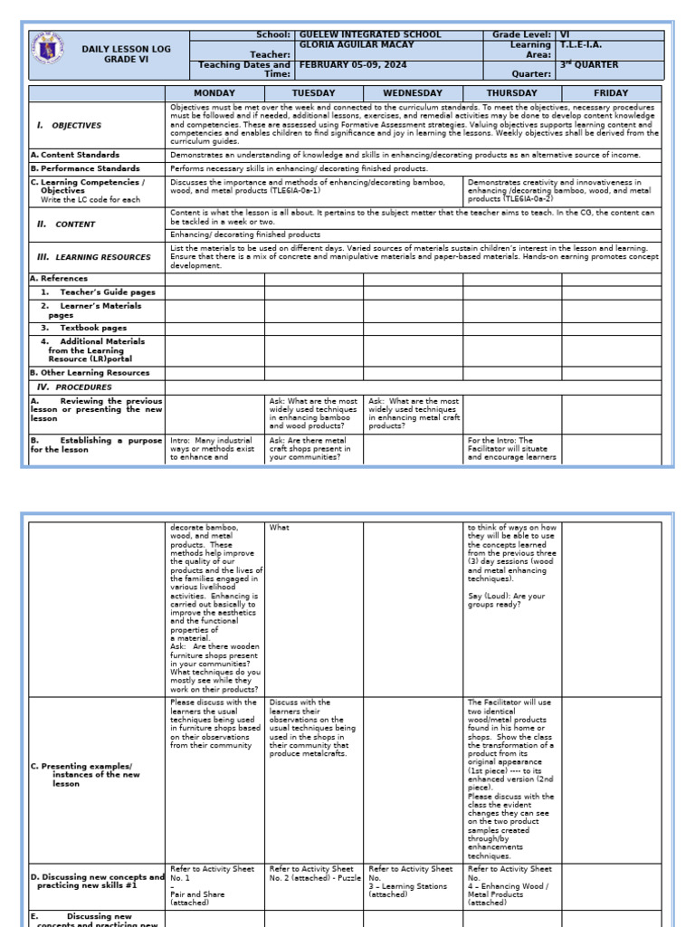 DLL Tle 6 Industrial Arts Sy2023-2024 Feb 05-09, 2024 | PDF | Learning ...