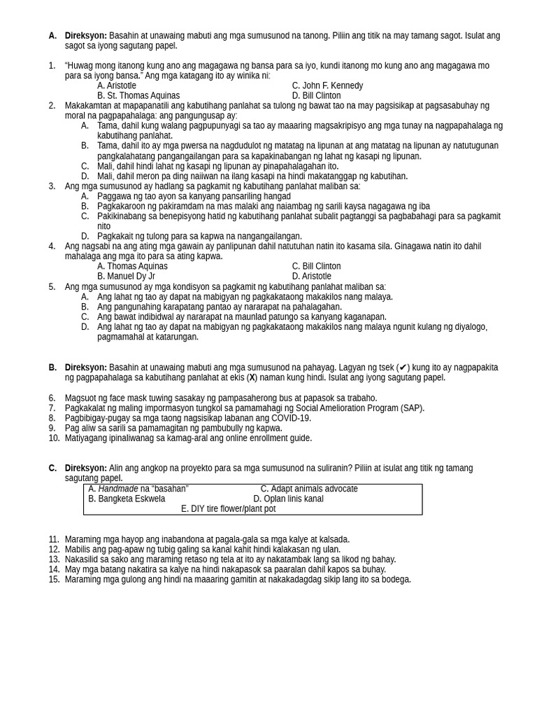 Esp 9 Quarter 1 Lesson 1 Module 2 Quiz | PDF