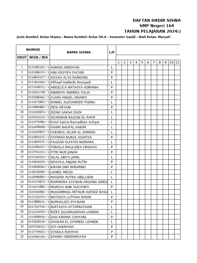 Daftar Nama Siswa Kelas 7 8 9 Tp. 2024-2025 | PDF