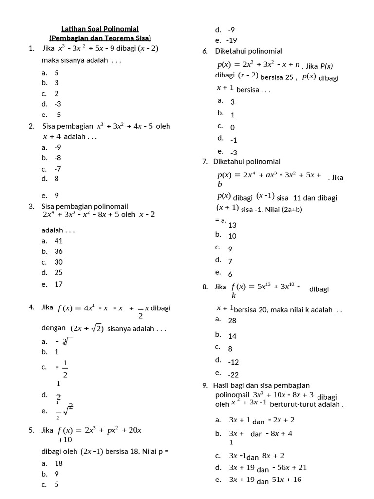 Latihan Polinomial Kelas 11 | PDF