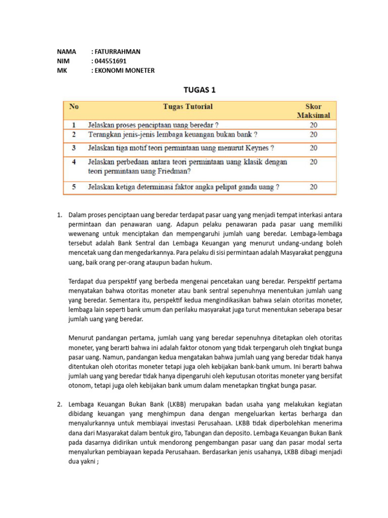Tugas 1 Ekonomi Moneter | PDF