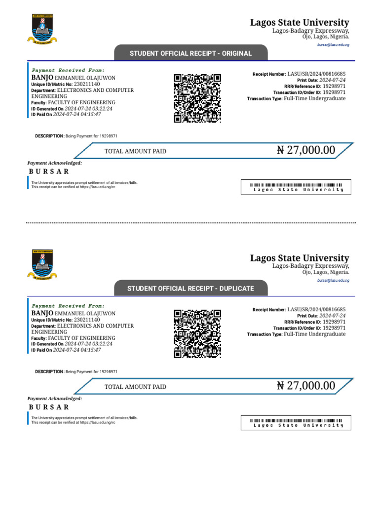 Receipt For Banjo Emmanuel - Payment For Undergraduate Fees | PDF