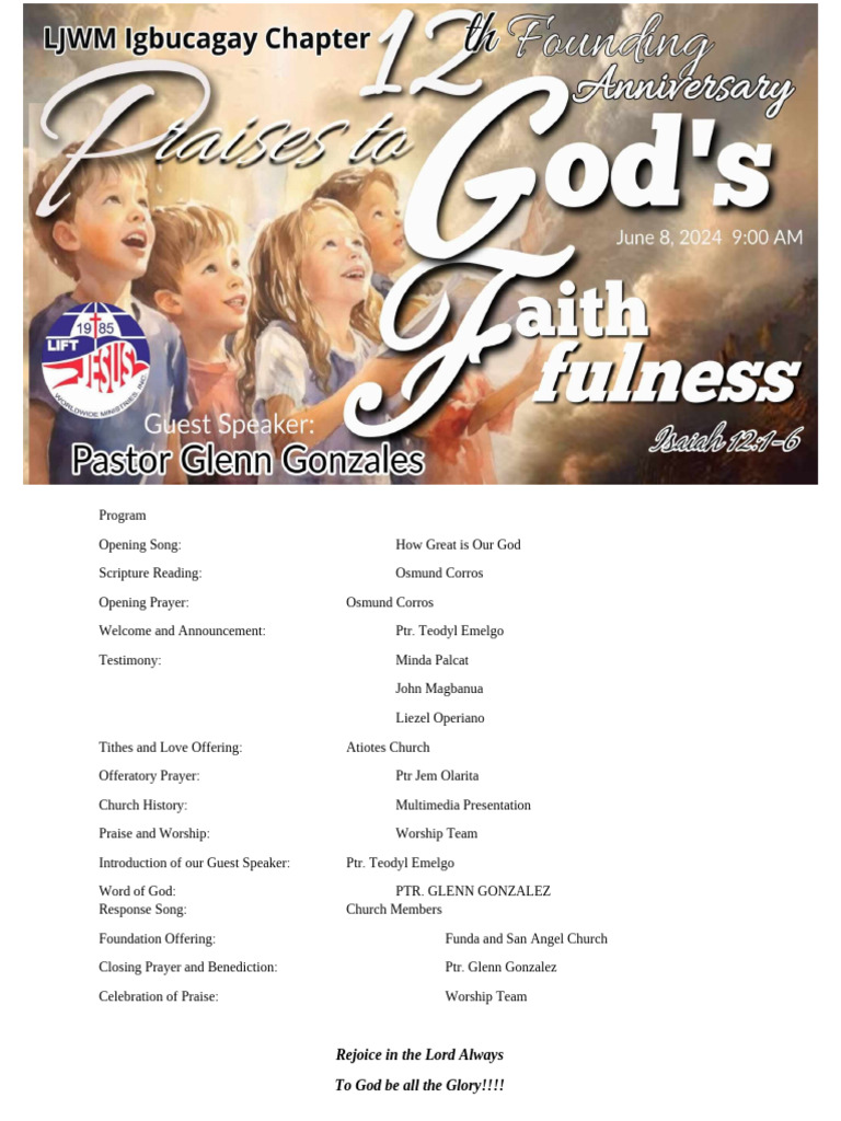 Program For Church Anniversary | PDF