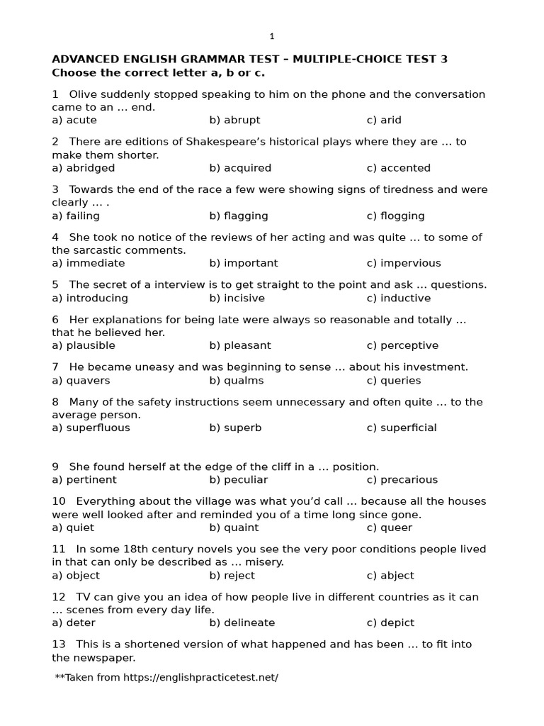 Advanced English Grammar Test 3 & 4 | PDF