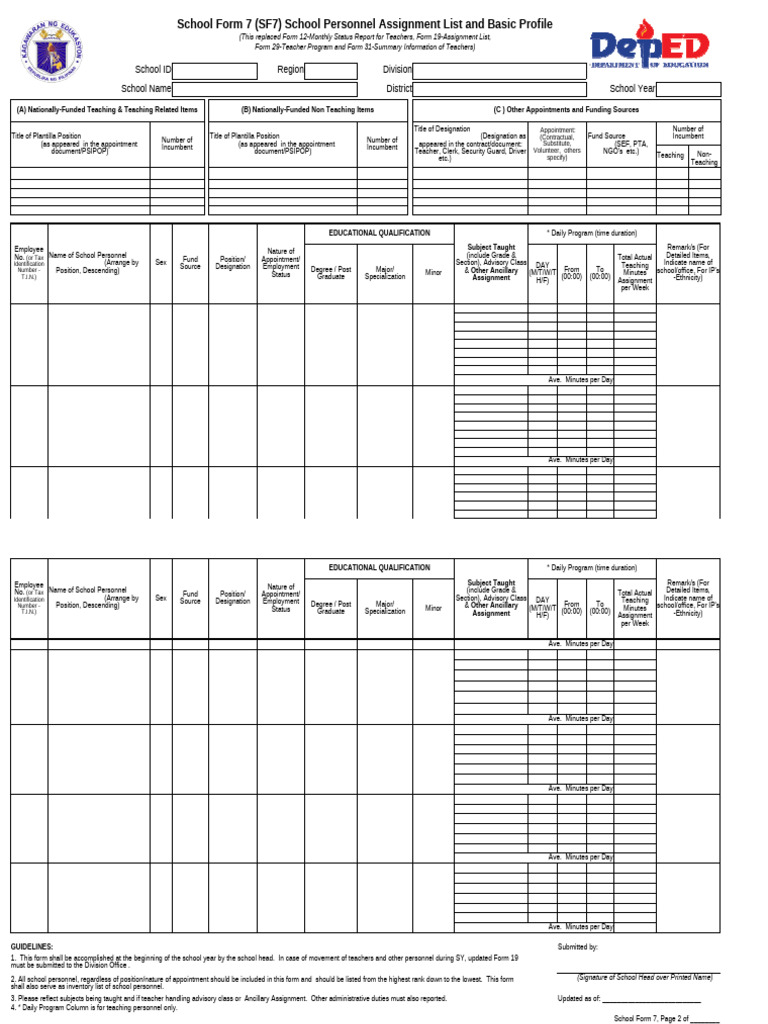 School Form 7 SF7 School Personnel Assignment List and Basic Profile 1 | PDF