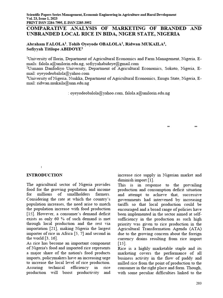 Comparative Analysis of Marketing of Branded and Unbranded Local Rice ... Comparative Analysis of Marketing of Branded and Unbranded Local Rice ...