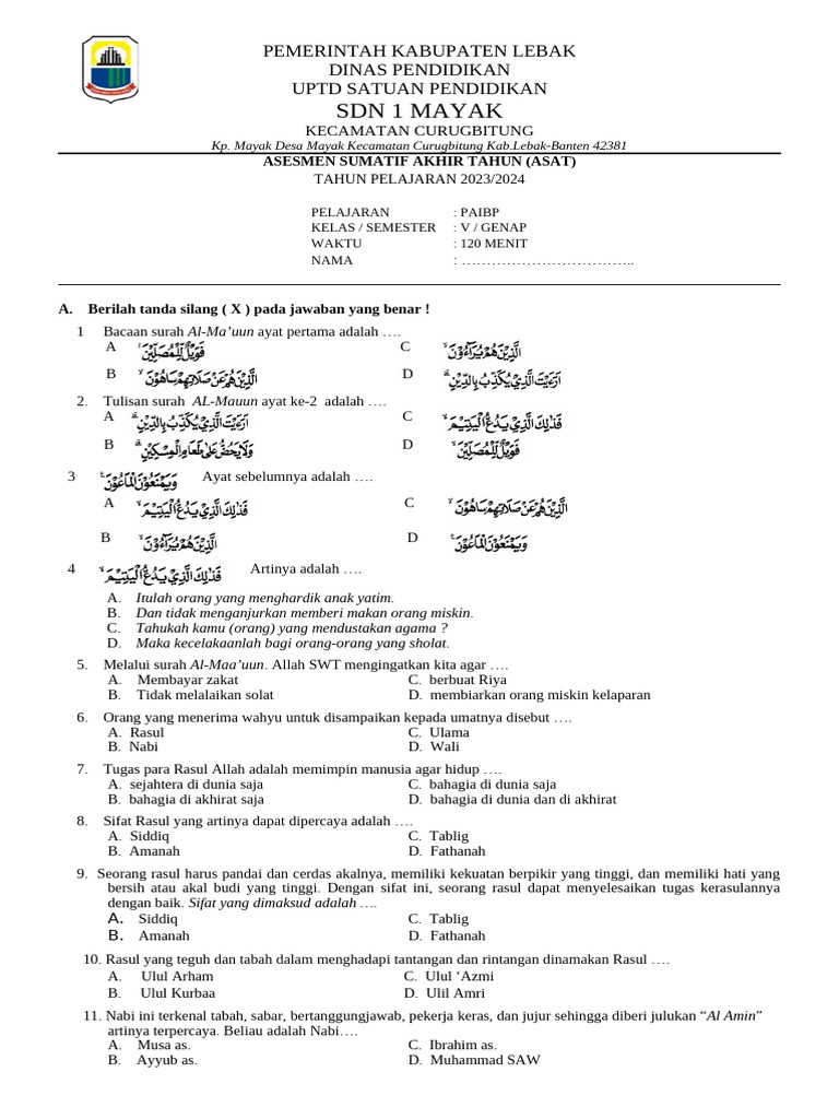 SOAL ASAT PAI KLS 5 & Kisi-Kisi | PDF