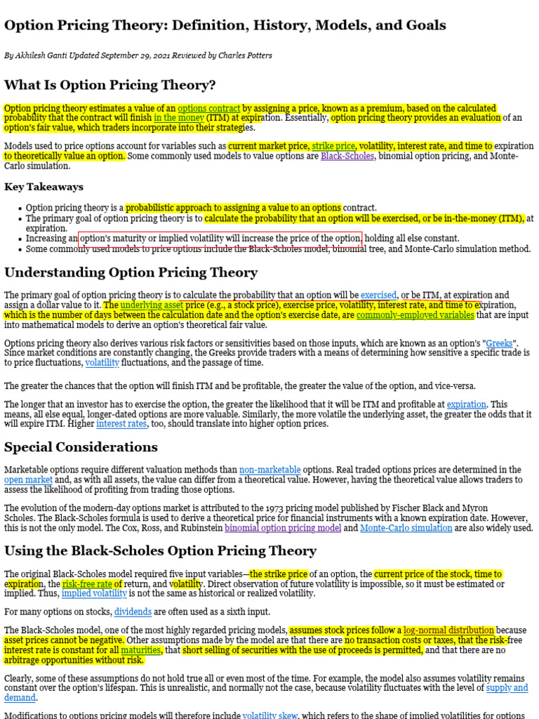 Option Pricing Theory - Definition, History, Models, and Goals | PDF