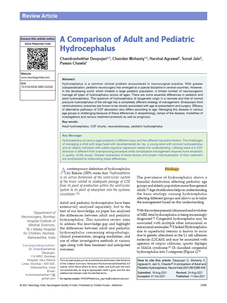 A Comparison of Adult and Pediatric Hydrocephalus | PDF