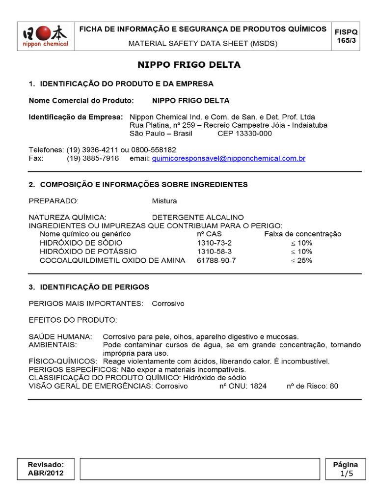 Ficha de Informação e Segurança de Produtos Químicos Material Safety ...