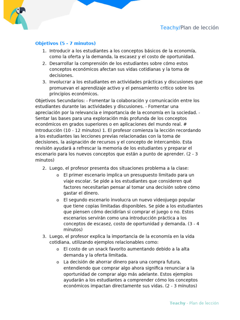 Metodologia Practica Economia Basica Conceptos Plan de Leccion | PDF
