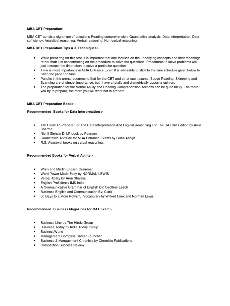 MBA CET Preparation | PDF | Master Of Business Administration | Test ...