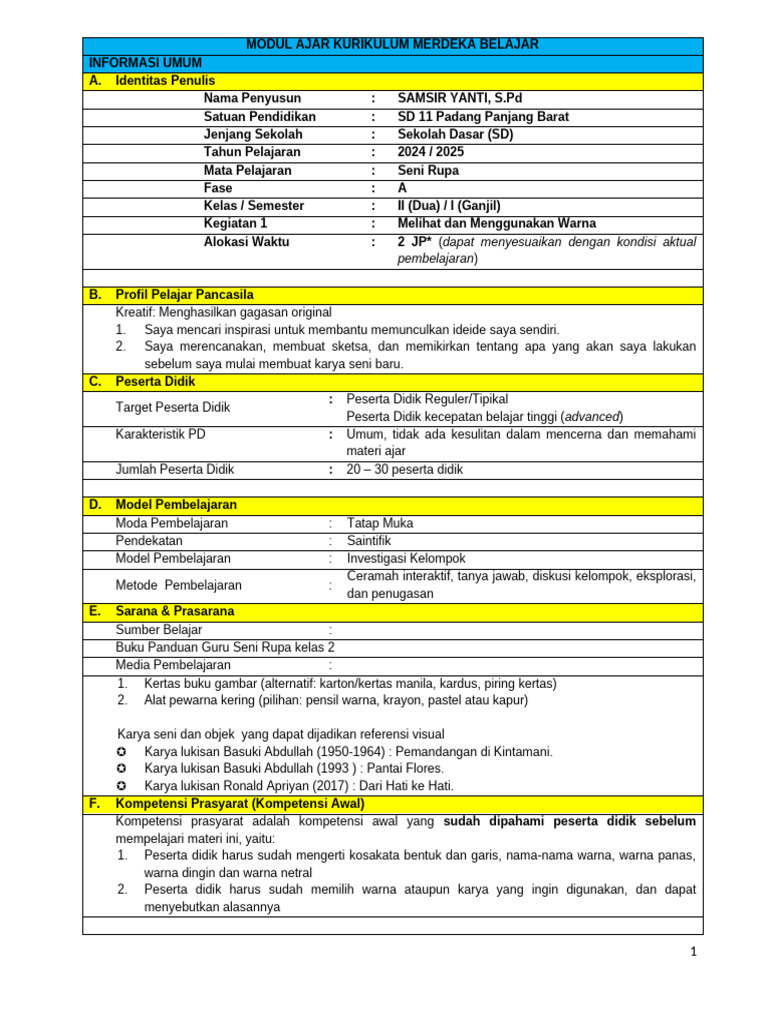 Modul Seni Rupa KLS 2 SMS 1 | PDF