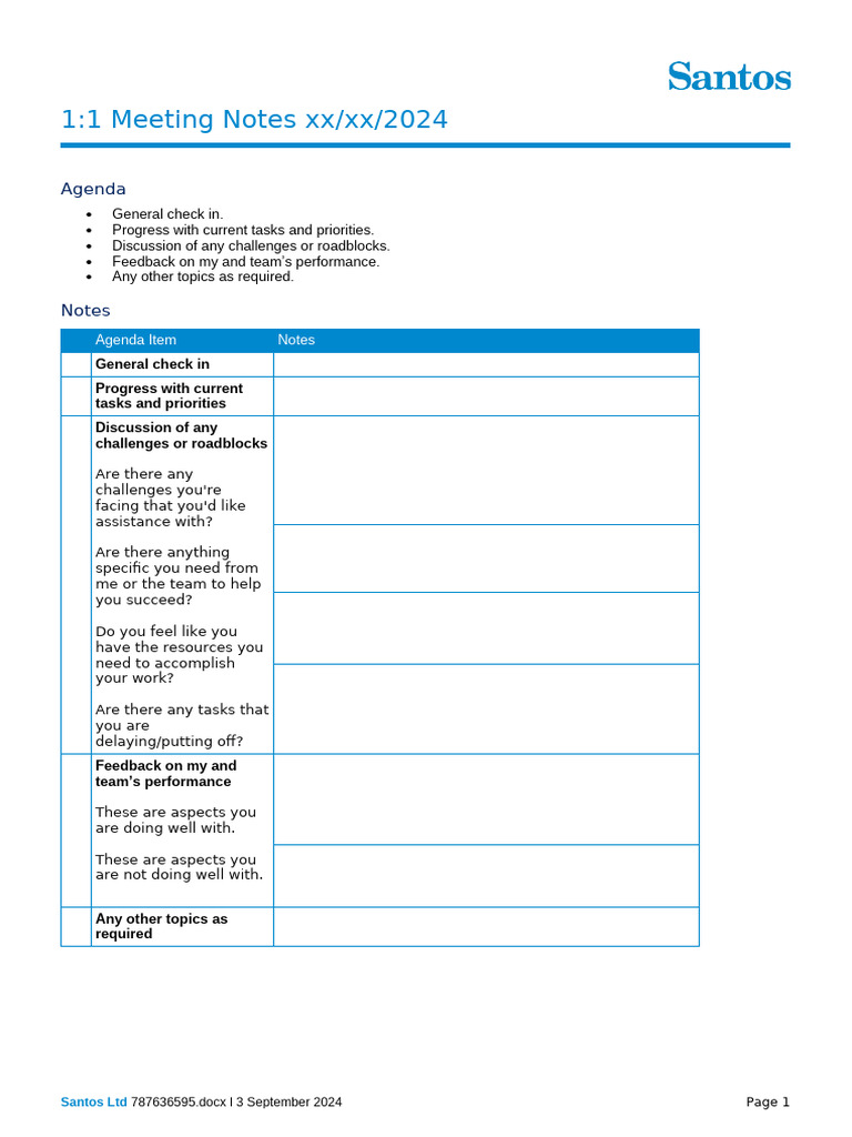 1-1 Meeting Notes Template | PDF