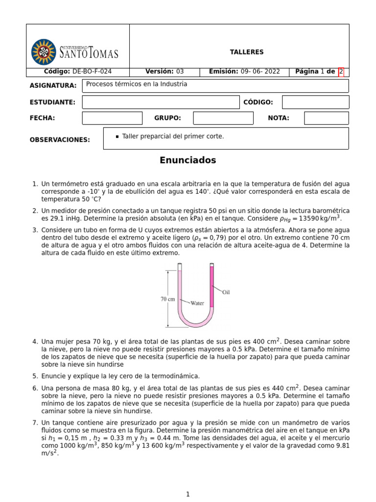 Taller Preparcial 1 Procesos | PDF | Presión | Pascal (Unidad)