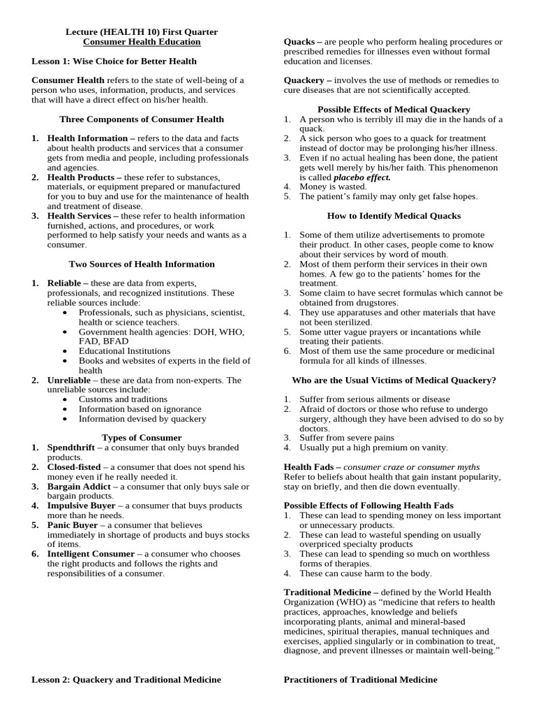 Lecture 1st Grading CONSUMER HEALTH | PDF | Medicine | Health Care