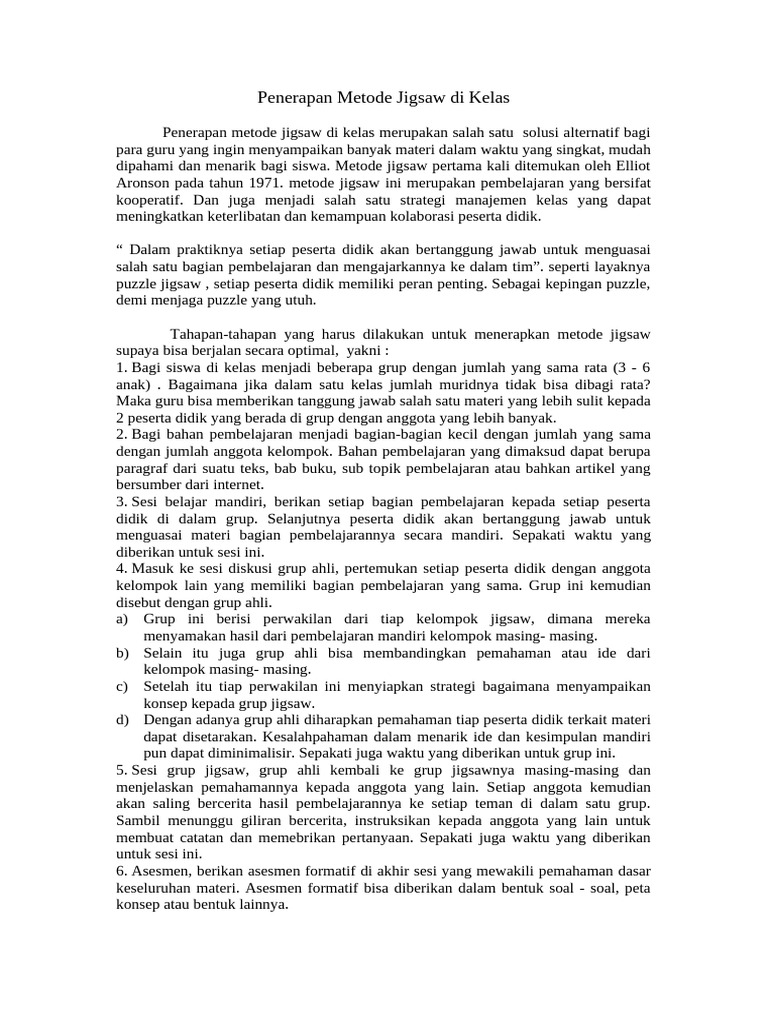 Penerapan Metode Jigsaw Di Kelas | PDF