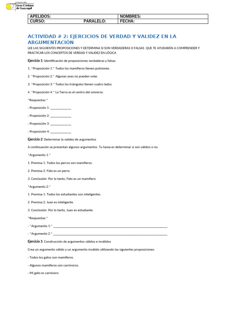 Actividad# 2 Ejercicios de Verdad y Validez en La Argumentacion | PDF