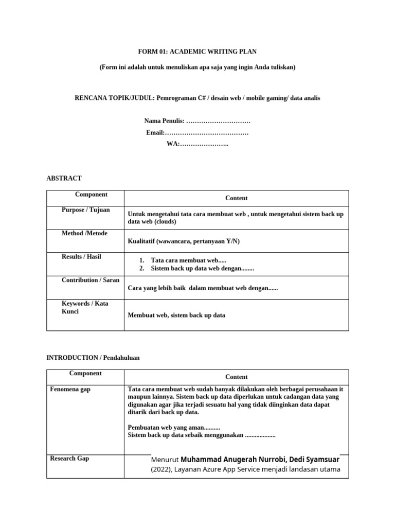 Form 01. Academic Writing Plan | PDF