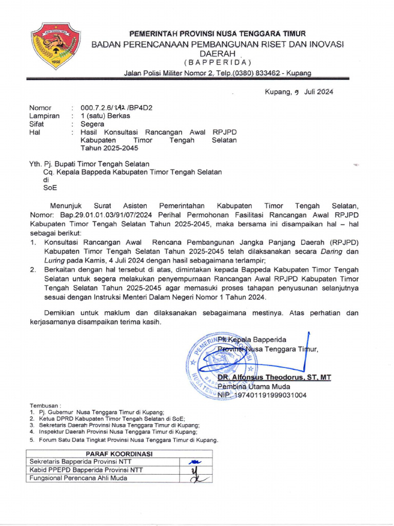 Hasil Konsultasi Ranwal RPJPD Kab - TTS Tahun 2025 - 2045 | PDF