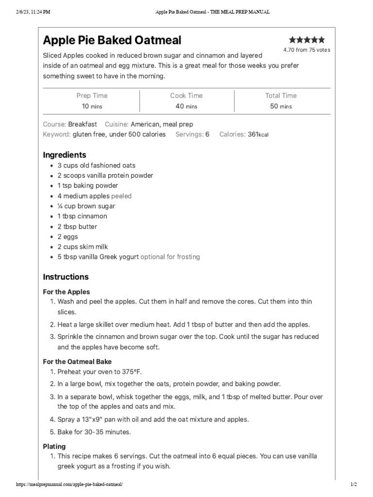 Apple Pie Baked Oatmeal - THE MEAL PREP MANUAL | PDF