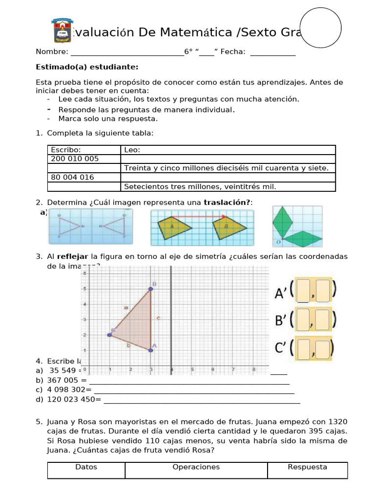 Evaluacion Mate Sexto Grado | PDF