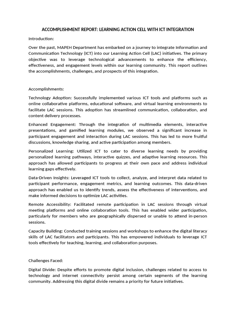 Accomplishment Report Learning Action Cell With Ict Integration | PDF