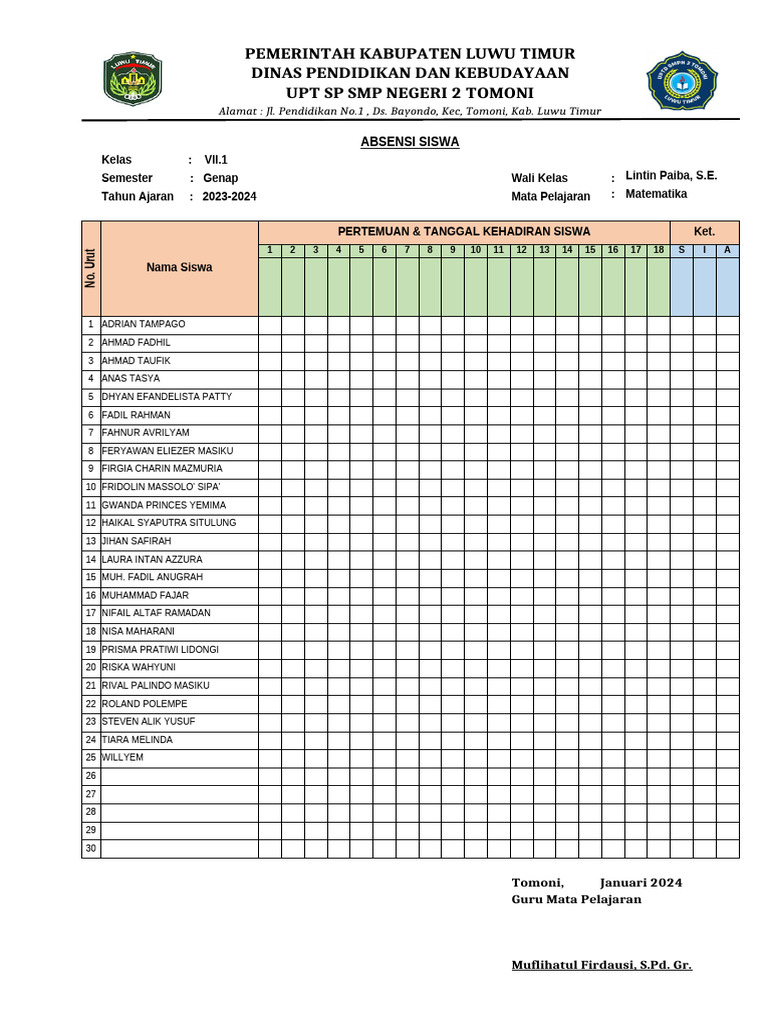Absen Siswa Pegangan Guru - 2023 - 2024 | PDF