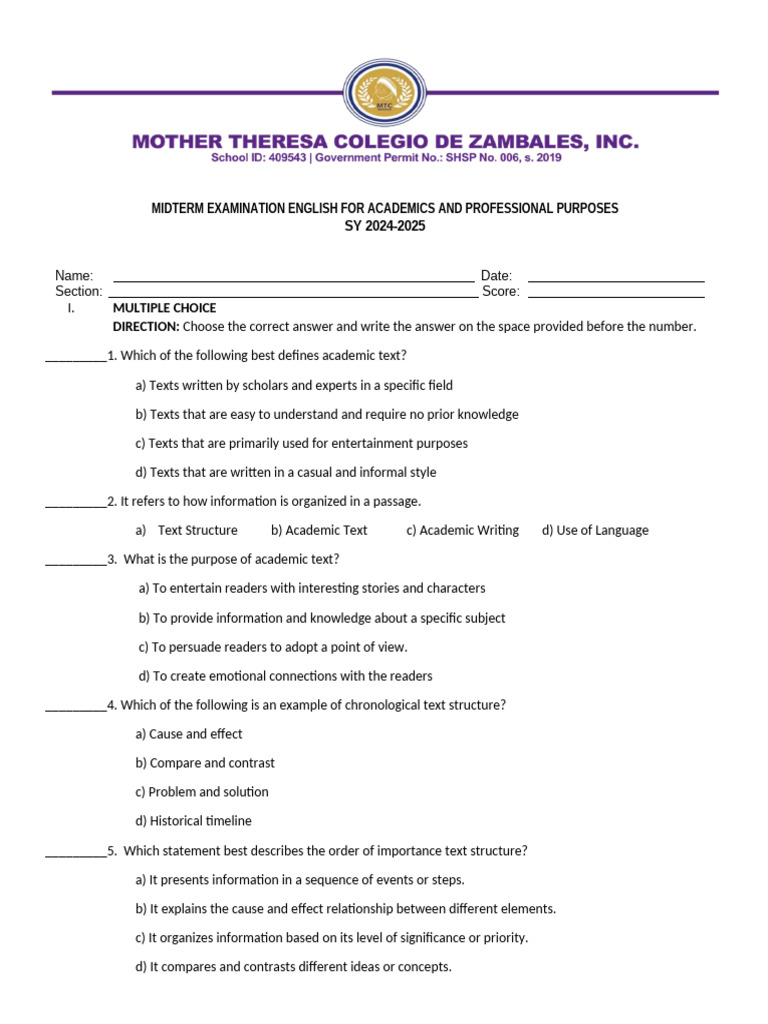 Midterm Examination English For Academics and Professional Purposes ...
