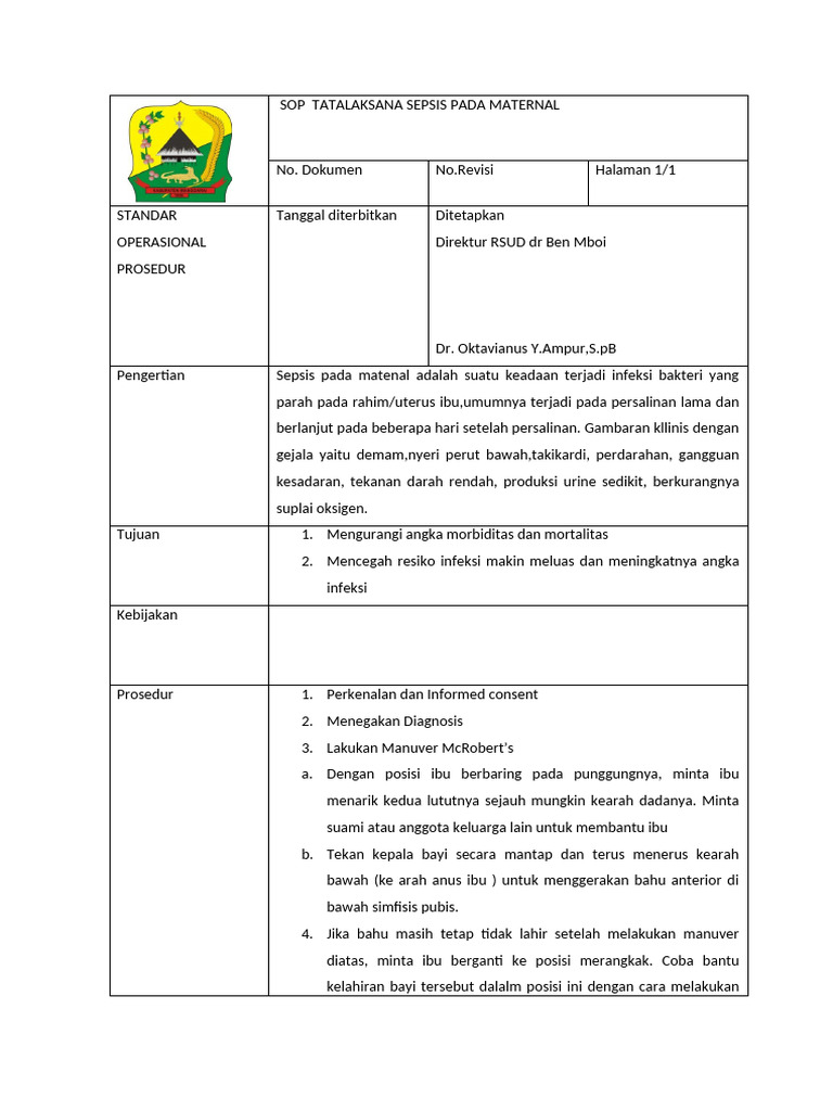 Sop Tatalaksana Sepsis Maternal | PDF