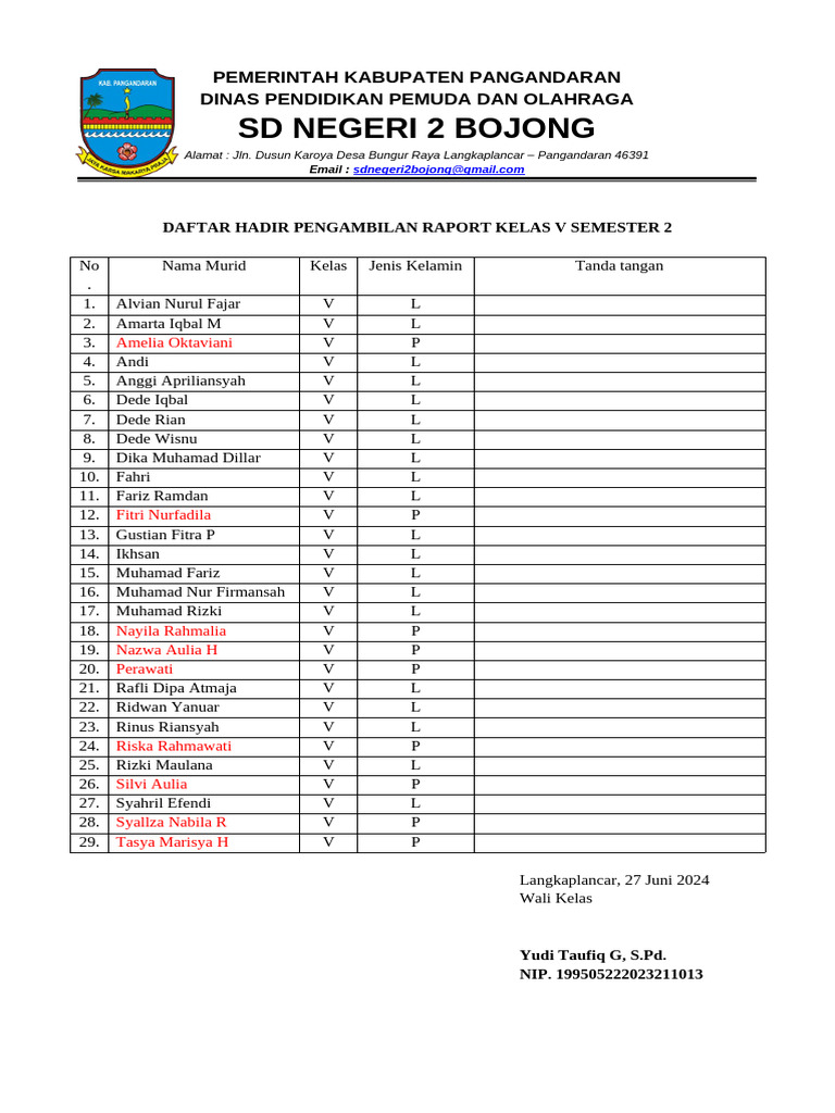 Daftar Hadir Pengambilan Raport | PDF