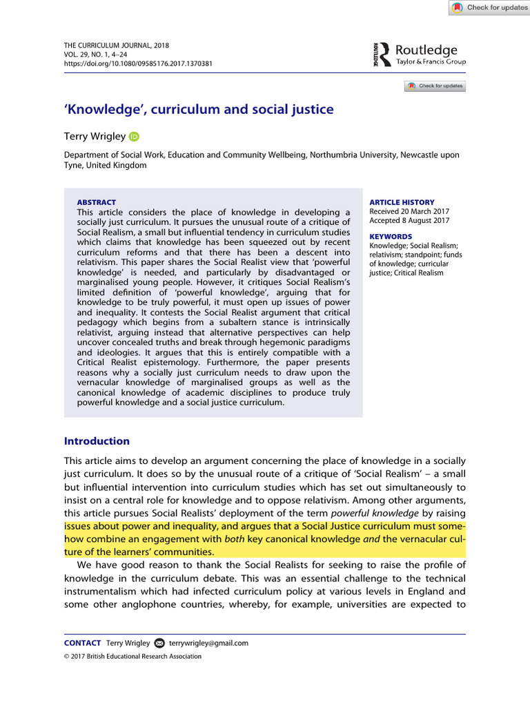 The Curriculum Journal - 2018 - Wrigley - Knowledge curriculum and ...