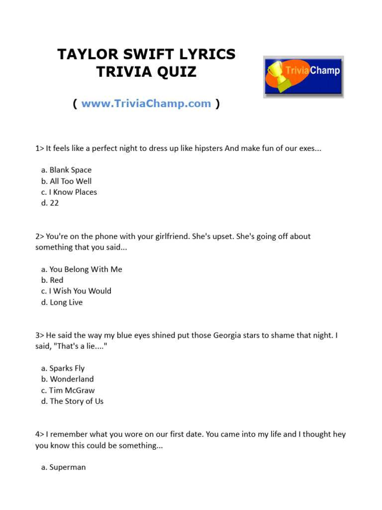 Taylor Swift Lyrics Trivia Quiz | PDF