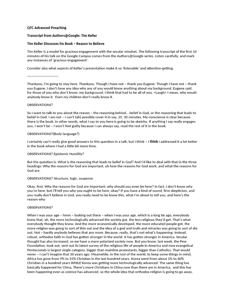 QTC Advanced Preaching - Keller Transcript | PDF