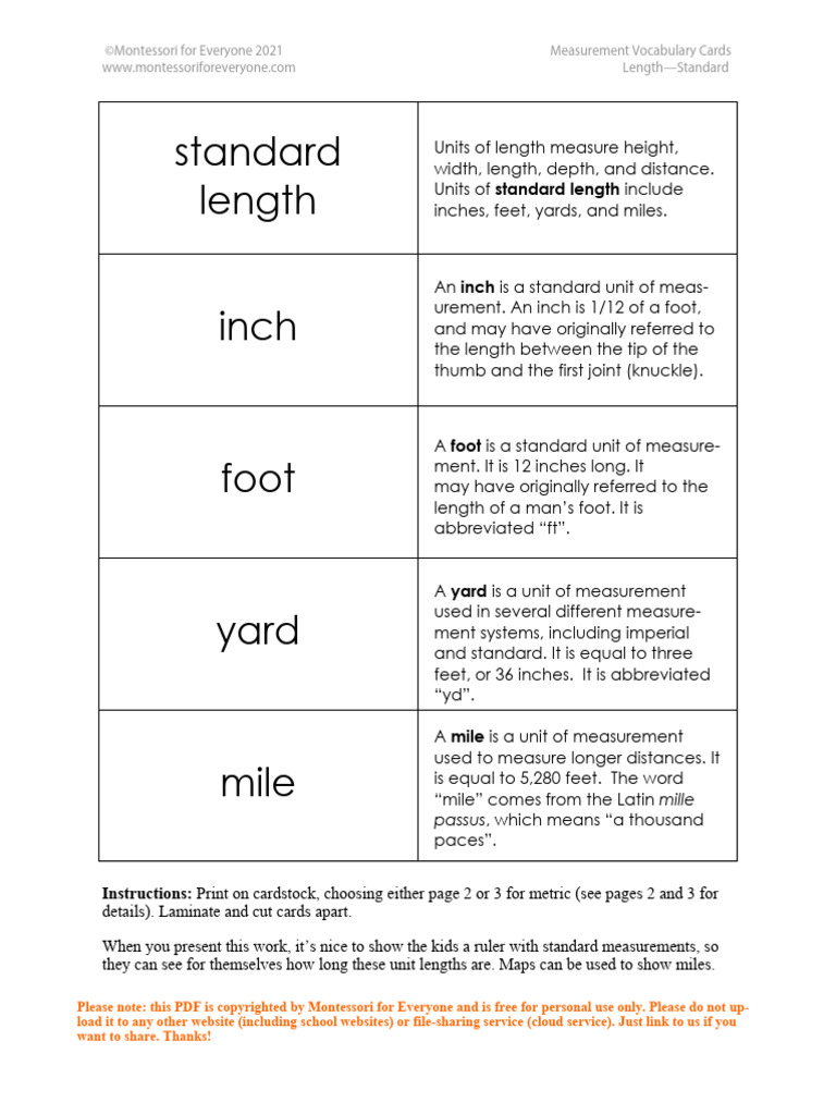 Measurement Vocabulary Cards | PDF | Length | Kilometre