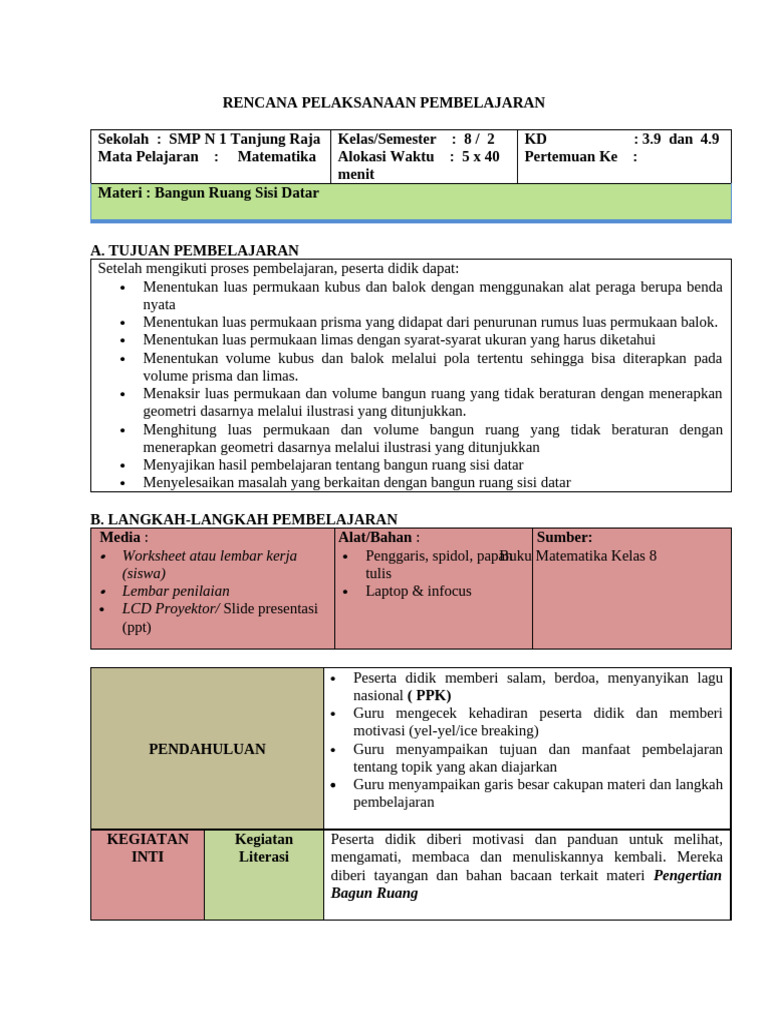 RPP Bangun Ruang Sisi Datar SMT 2 | PDF