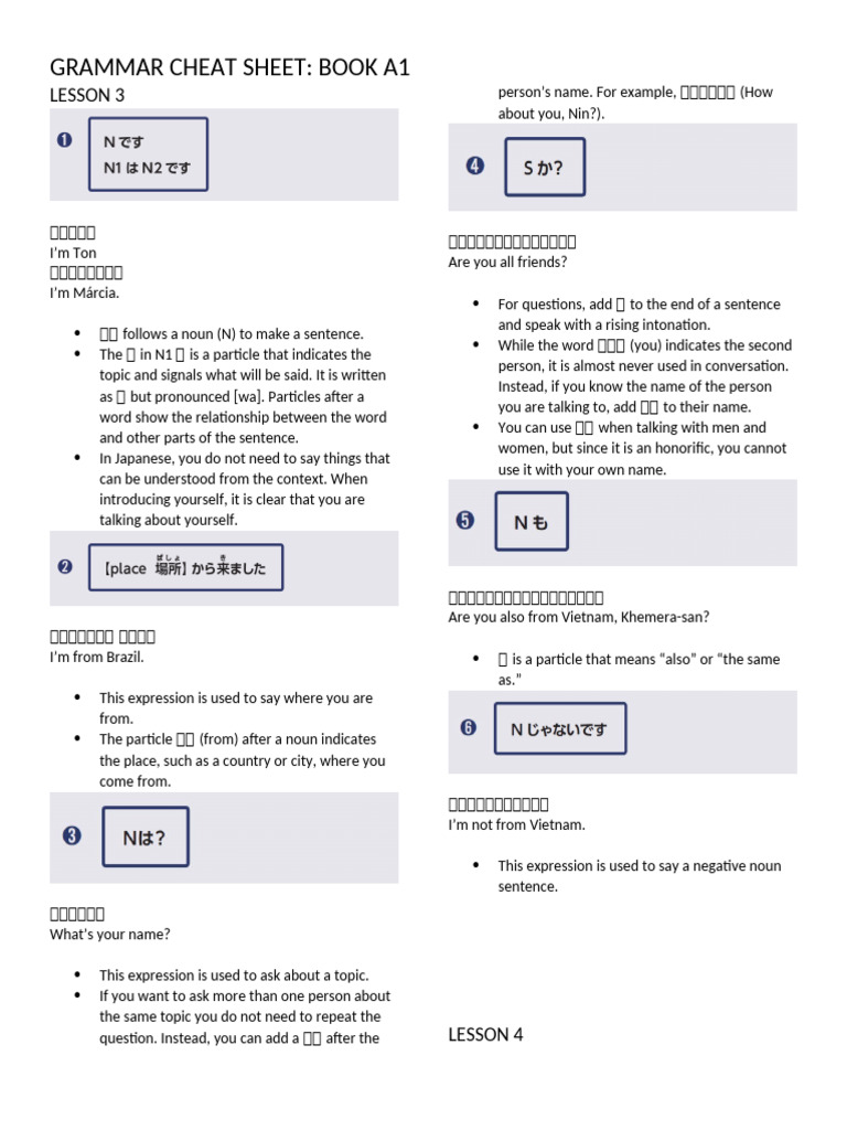 Irodori A1 Grammar Summary Sheet | PDF
