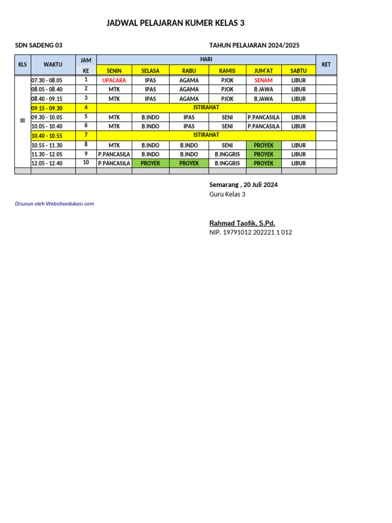 Jadwal Pelajaran Kumer Kelas 3 | PDF