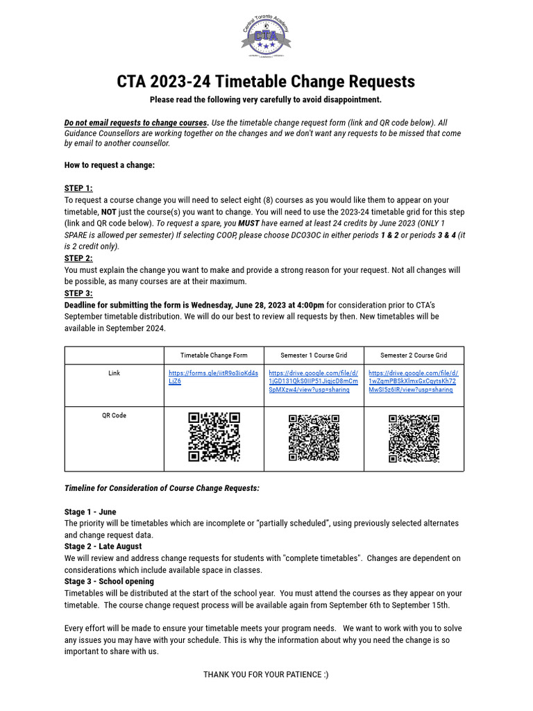 2023-24 Timetable Course Change Requests | PDF